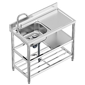 Free Standing Stainless-Steel Single Bowl Commercial Restaurant Kitchen Sink Set w/Faucet & Drainboard, Prep & Utility Washing Hand Basin w/Workbench & Double Storage Shelves Indoor Outdoor (39.5in)