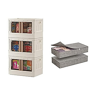 KLONVS Storage Bins with Lids, Stackable Storage Bins & Foldable Underbed Storage, Under Bed Storage Containers with Lids (Set of 2) for Clothing, Shoes