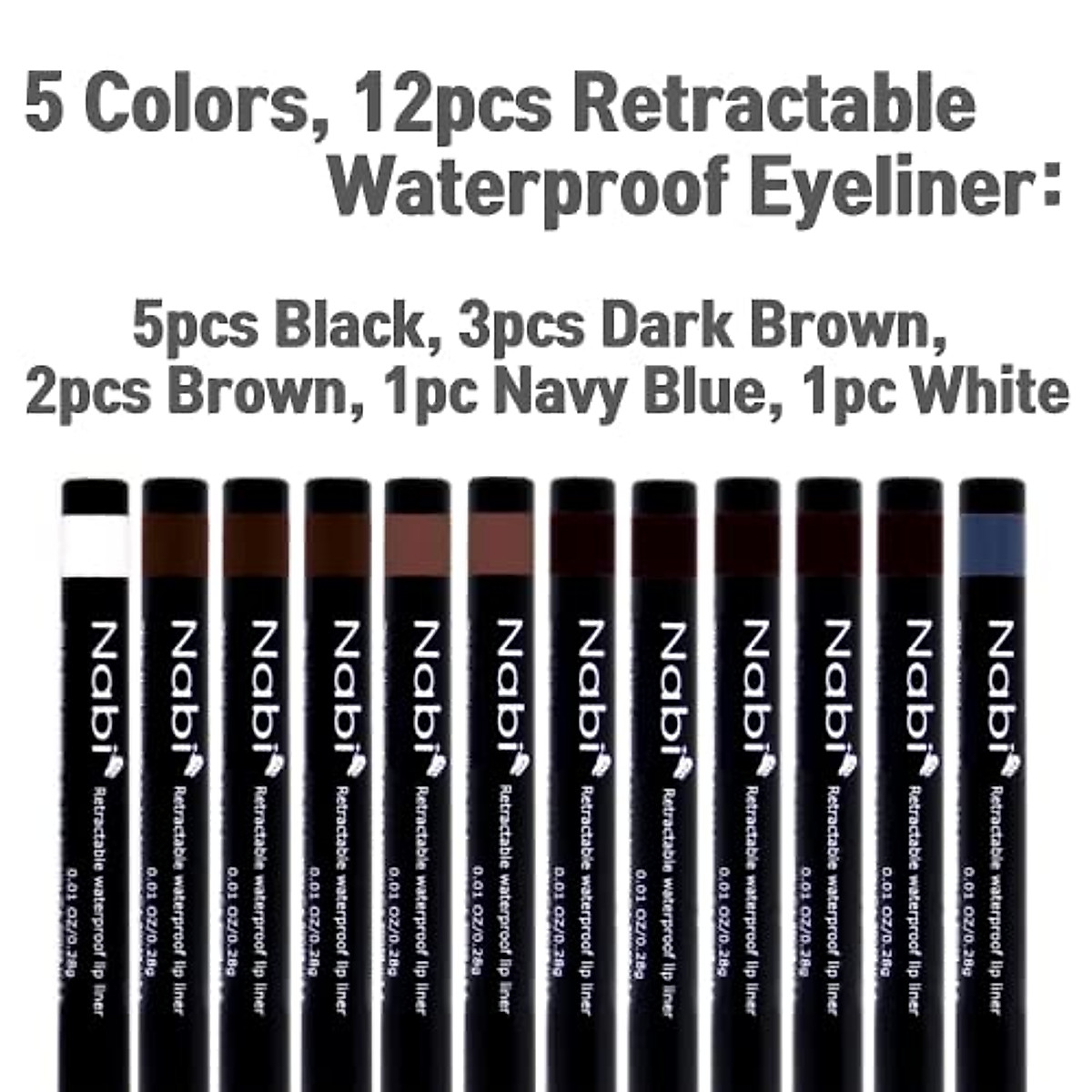 12pcs, 5 Colors, Nabi Retractable Waterproof Eye Liner, Roll It Up Eye Liner Pencil, Long Lasting Fade Resistant (Black, Dark Brown, Brown, Navy Blue, White)