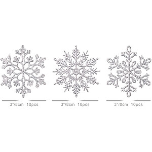 XmasExp 80mm/3inch Glitter Snowflake Ornaments Set Mini Christmas Tree Hanging Plastic Decoration for Xmas Party Wedding Anniversary Window Door Home Accessories (30pcs,Silver)