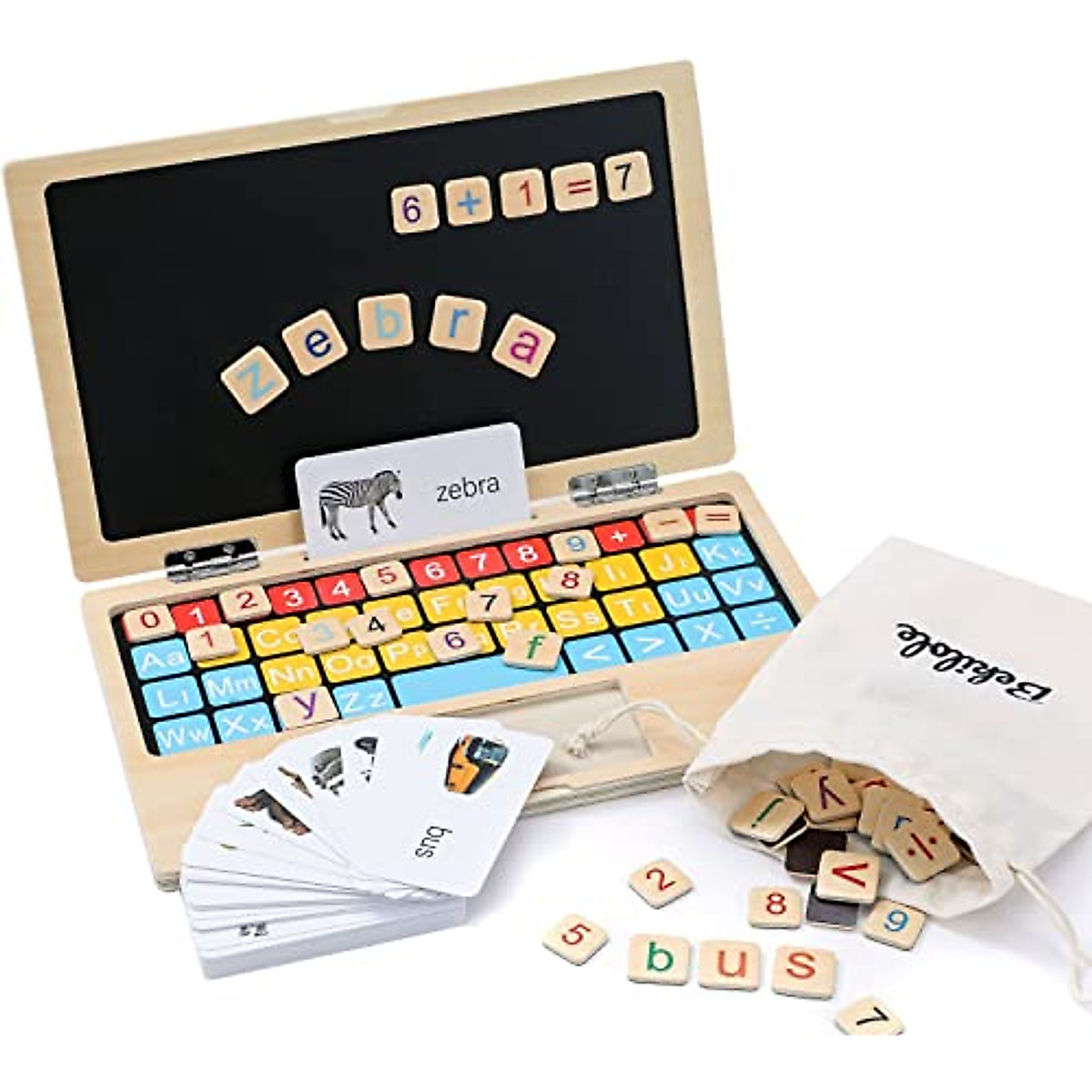 GeroCrew 11.8" My First Laptop: Wooden Learning Toy with Magnetic Letters, Flashcards & Chalkboard - Montessori Toddler Toys - Educational Toy for Kids Ages 3