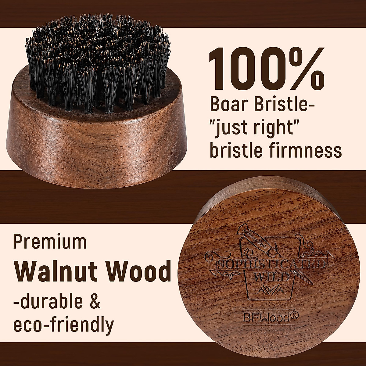 BFWood Beard Brush for Men - Boar Bristles Small and Round - Black Walnut Wood