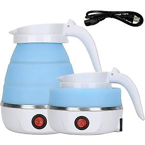 Foldable Electric Travel Kettle - Portable and Convenient Silicone Collapsible Water Boiler and Tea Pot for Camping - Easy Storage with Detachable Power Cord （Blue）