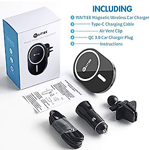 WAITIEE Magnetic Wireless Car Charger Compatible with iPhone 14/13/12 Series Caseless and Magnetic Cases with QC3.0 Adapter, Fast Wireless Car Mount with Secure Air Vent Clamp, Black