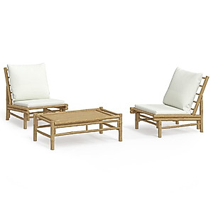 VRAXO 3 Piece Patio Lounge Set with Cream White Cushions Bamboo,Outdoor Furniture Sets-60.94lbs