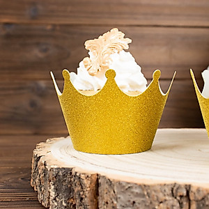 TABLECLOTHSFACTORY 25 Pack | Gold Glitter Crown Paper Cupcake Wrappers, Muffin Paper Cup Liners