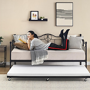 IDEALHOUSE Twin Bed with Trundle, Twin Daybed Metal Guest Sofa Bed Frame for Living Room, Bedroom, Heavy Duty, No Box Spring Needed, Space Saving, Black