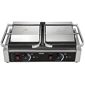 Happybuy Commercial Sandwich Panini Press Grill,110V 2x1800W Double Up Grooved and Down Flat Plates Electric Stainless Steel Sandwich Maker,Temperature Control 122°F-572°F for Hamburgers Steaks Bacons