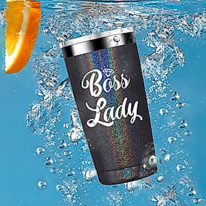 Boss Lady Mug Tumbler-Unique Christmas Birthday Gifts for Women Boss Female Mom Stainelss Steel Wine Tumbler with Staw and Lid Friend Gifts 20oz Glitter charcoal