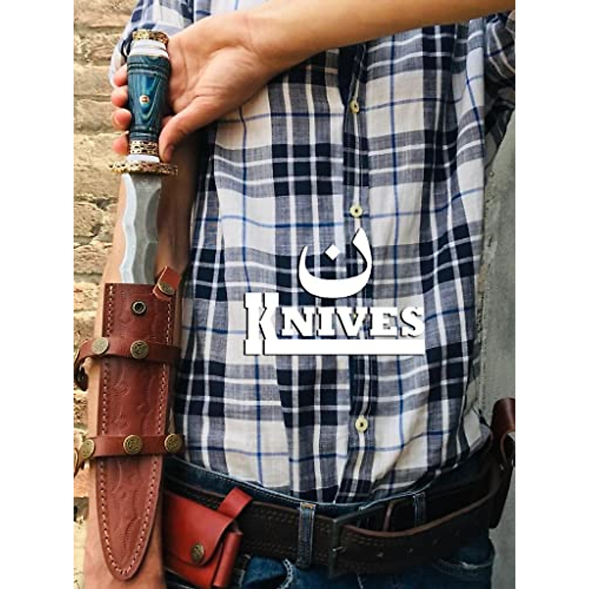 NoonKnives: custom Hand Made Damascus Steel Collectible wavy dagger Knife (blue)