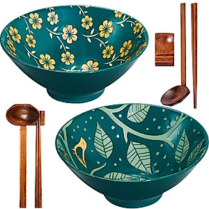 2 Pieces Ceramic Large Ramen Bowls Ceramic Noodle Soup Bowl Cereal Porcelain Bowls Pasta Serving Bowl Sets Round Ramen Bowls with Spoons Chopsticks Rack for Noodles Soup Salad Rice Pasta (Green)