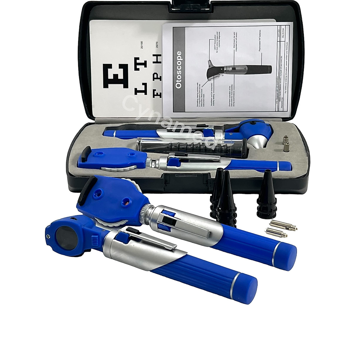 Cynamed Otoscope Set - Fiber Optic Double Handle Multi-Function Ear Scope for Ear & Eye Examination - Includes Hard Case (Blue)