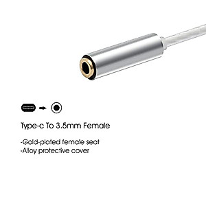 FAAEAL Type-C to 3.5mm DAC Cable Decoding Headphone Converter Gold-Plated Female Seat Earphone Amplifier Braided/Silver-Plated Wire Audio Adapter for Win10 Android Tablet PC Earphones (Silver)