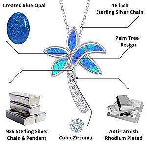 Beaux Bijoux Sterling Silver Simulated Opal Palm Tree Necklace for Women | CZ Diamond and Created Blue Opal Pendant Necklace with 18 inch Silver Chain
