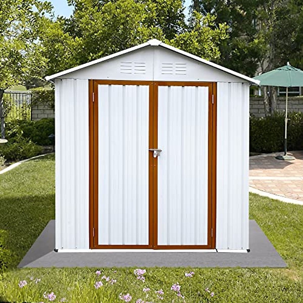 Metal Outdoor Storage Shed 6 x 4 FT, All Weather Metal Shed with Lockable Door, Tool Shed Outdoor Storage for Garden, Patio, Backyard, Lawn (White and Yellow)