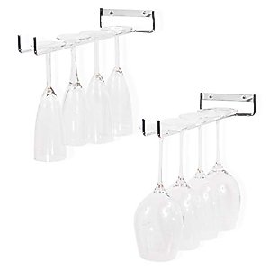 Wallniture Chiraz Wine Glass Rack Wall Mounted Kitchen Organization and Storage Set of 2, 15 Inch Chrome Stemware Holder