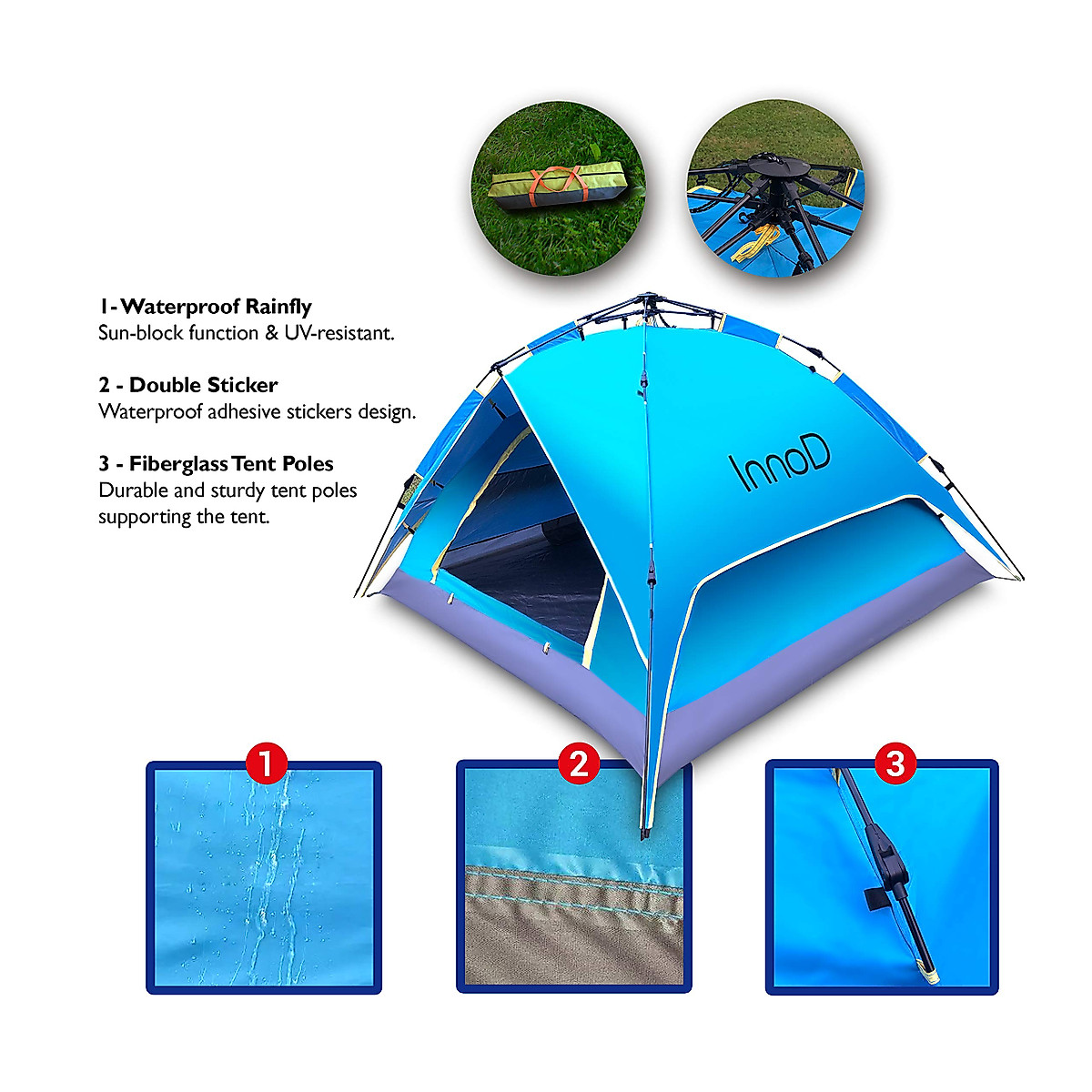 InnoD 3 Person Tent, Instant Pop up Dome Tent for Camping with Waterproof Rain Fly, Easy Setup Outdoor Camping Tent & Shelters