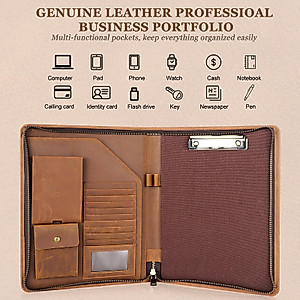 Full Grain Leather Portfolio Binder, Padfolio Business Resume Legal Pad Notebook Binder for A4/Pad, Folio Leather Folder, Tablet Padfolio for iPad, Portfolio Organizer with Zipper for Women/Men