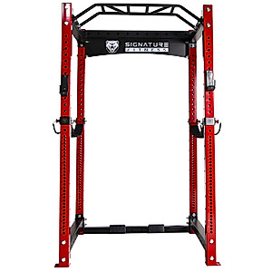 Signature Fitness SF-3 1,500 Pound Capacity 3” x 3” Power Cage Squat Rack, Includes J-Hooks and Safety Straps, Other Optional Accessories, Red