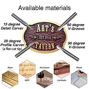 SILIVN Engraving CNC Wood Carving Router Bit 1/4 Shank 15°/20°/60°/90° Engraving Bits, 2 Flutes Straight CNC V-bit Tungsten Steel Marking Conical Engraving Router Tool