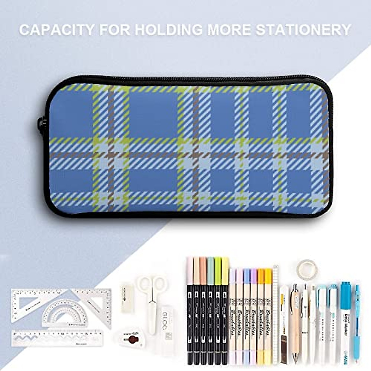 Blue Tartan Buffalo Plaid Pencil Case Pencil Pouch Coin Pouch Cosmetic Bag Office Stationery Organizer