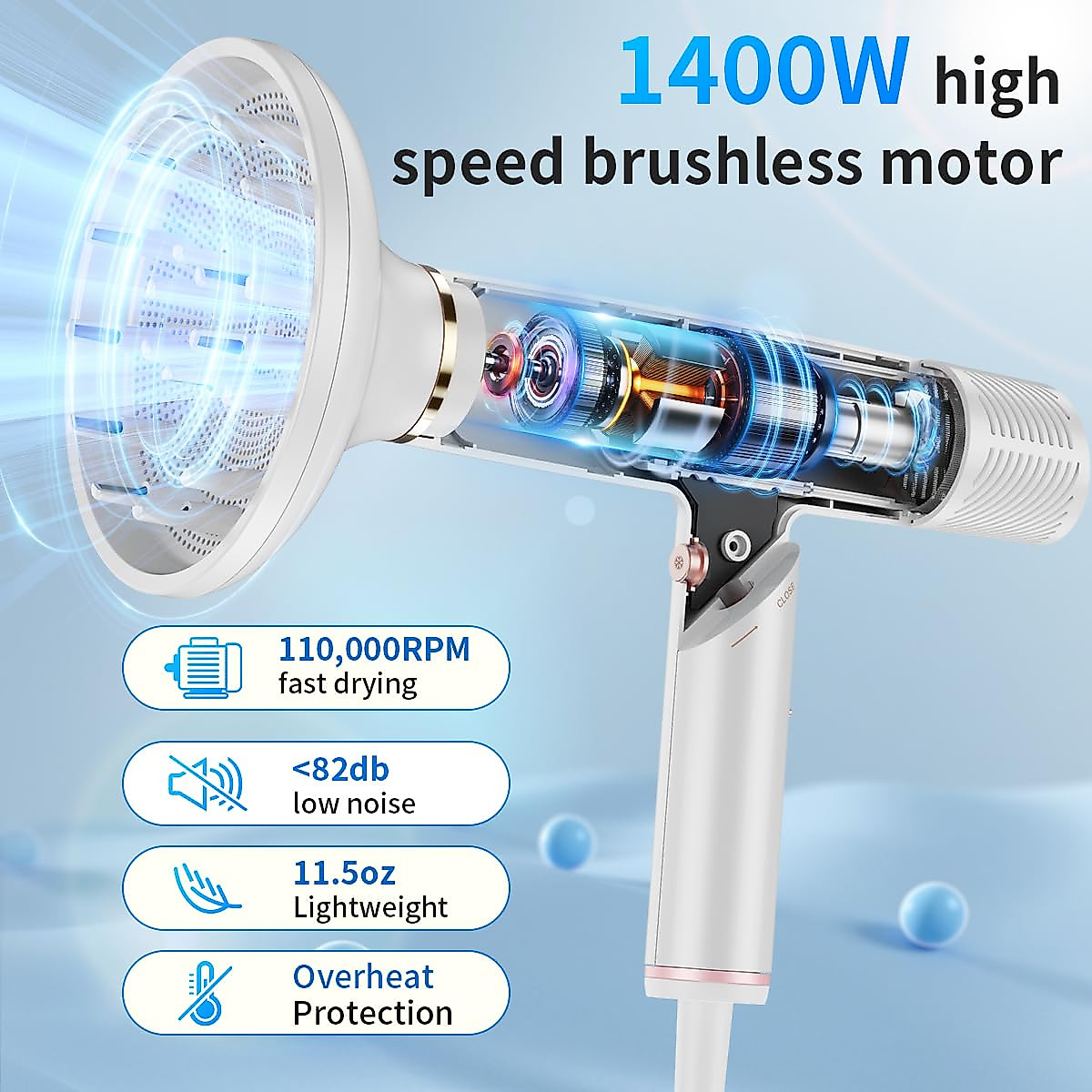 Maxfoxe Hair Dryer for Women, Blow Dryer Set 9 Modes Foldable Ionic Professional High Speed Fast Drying Brushless Compact Blower Magnetic Concentrator Nozzle Diffuser Attachment for Home,Hotel,Salon