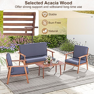 Tangkula 4 Piece Outdoor Conversation Set, Acacia Wood Sofa Set with Soft Seat & Back Cushions, Rectangle Coffee Table Patio Wood Furniture Set for Backyard, Poolside, Garden (1, Gray)