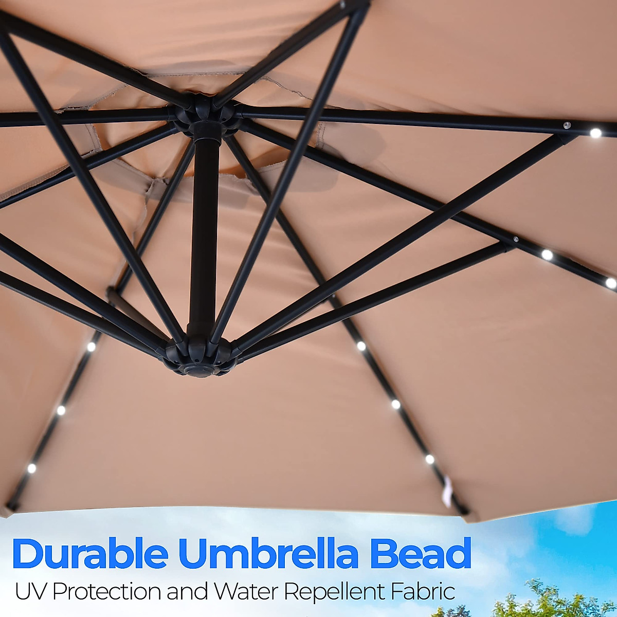 SereneLife 10ft Patio Table Umbrella, Tan, 6 Sturdy Ribs with Push Button Tilt, Easy Close Crank, Outdoor Furniture for Garden Lawn Deck Pool and Beach, Rust Resistant Pole, Weatherproof Fabric
