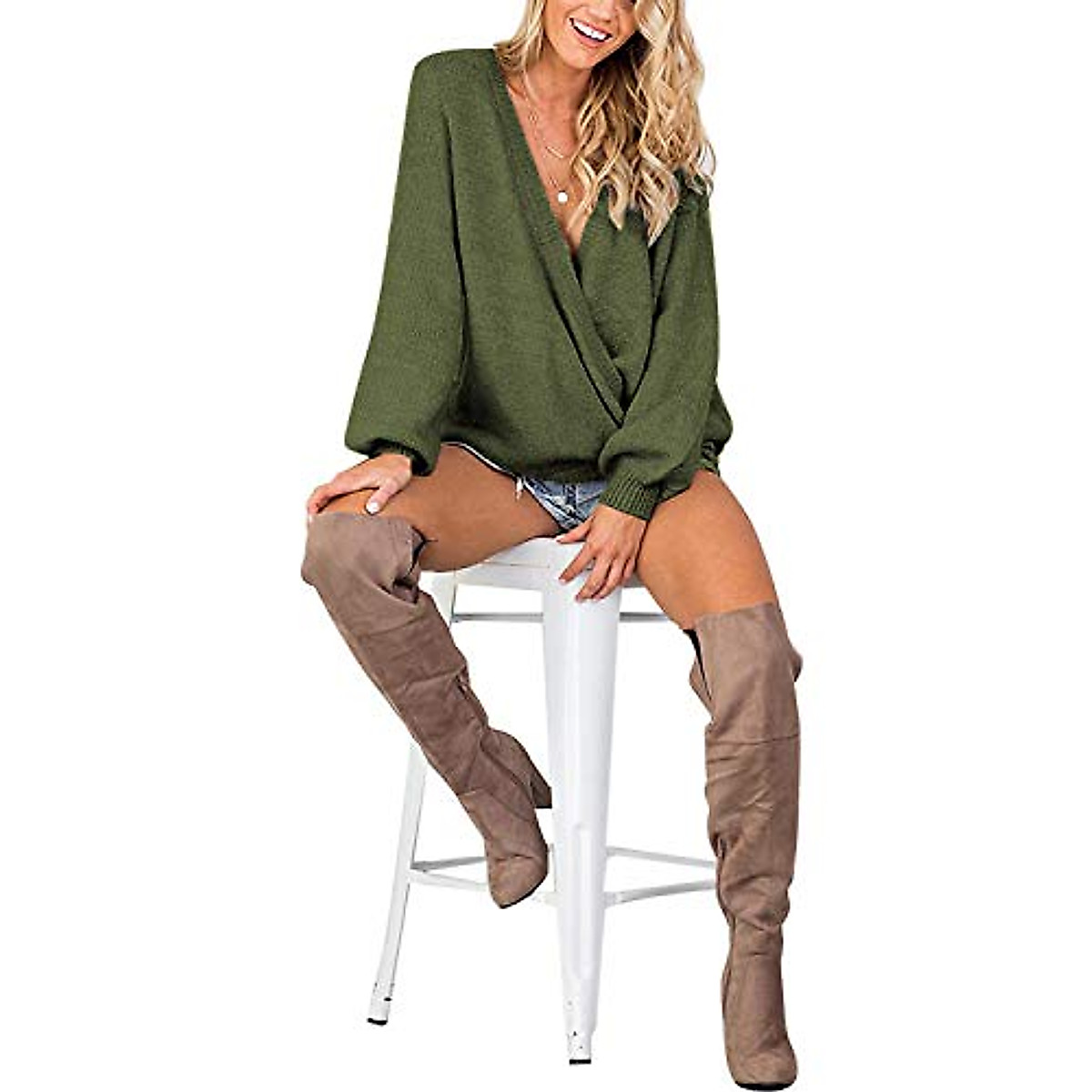 LookbookStore Fall Cute Sweater for Woman 2023 Winter Knit Sweaters Trendy Tops Army Green Long Sleeve Faux Wrap Surplice V Neck Wrap Sweater for Women Pullover Sweater Tunic Top Size M Size 8 10