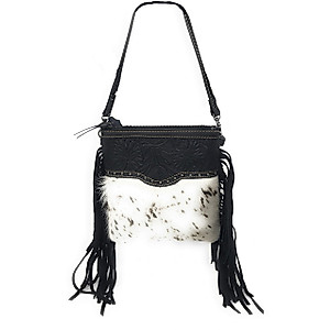 Western Genuine Tool Leather Cowhide Cow Fur Fringe Womens Crossbody Bag in 3 Colors (Black)