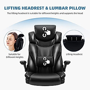 YAMASORO Ergonomic Office Chair Leather Computer Desk High Back Executive Chairs with Wheels and Flip-up Arms, Adjustable Headrest, Tilt and Lumbar Support, Black