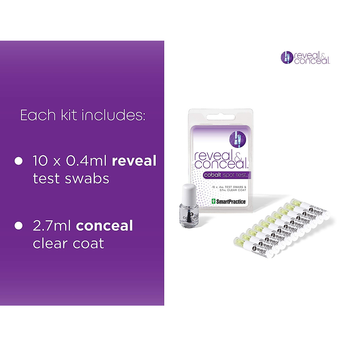 Reveal and Conceal Cobalt Test Kit by Smart Practice - Detecting Cobalt is a Snap - Test for Cobalt in Your Jewelry and Prevent Skin Exposure With Liquid Clear Coat - Includes 10 Test Swabs