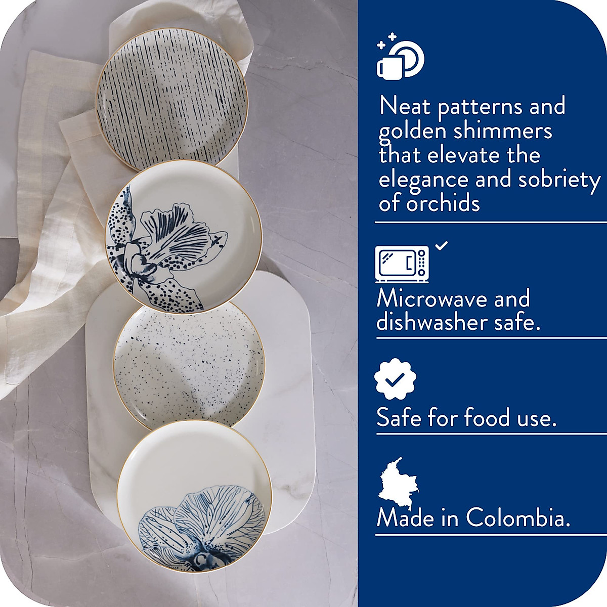 Corona 4 Salad plates Set |Cattleya 8.26 in - 21 cm | Service for 4 | Ceramic | Floral design | Set 4 platos ensalada |Cerámica