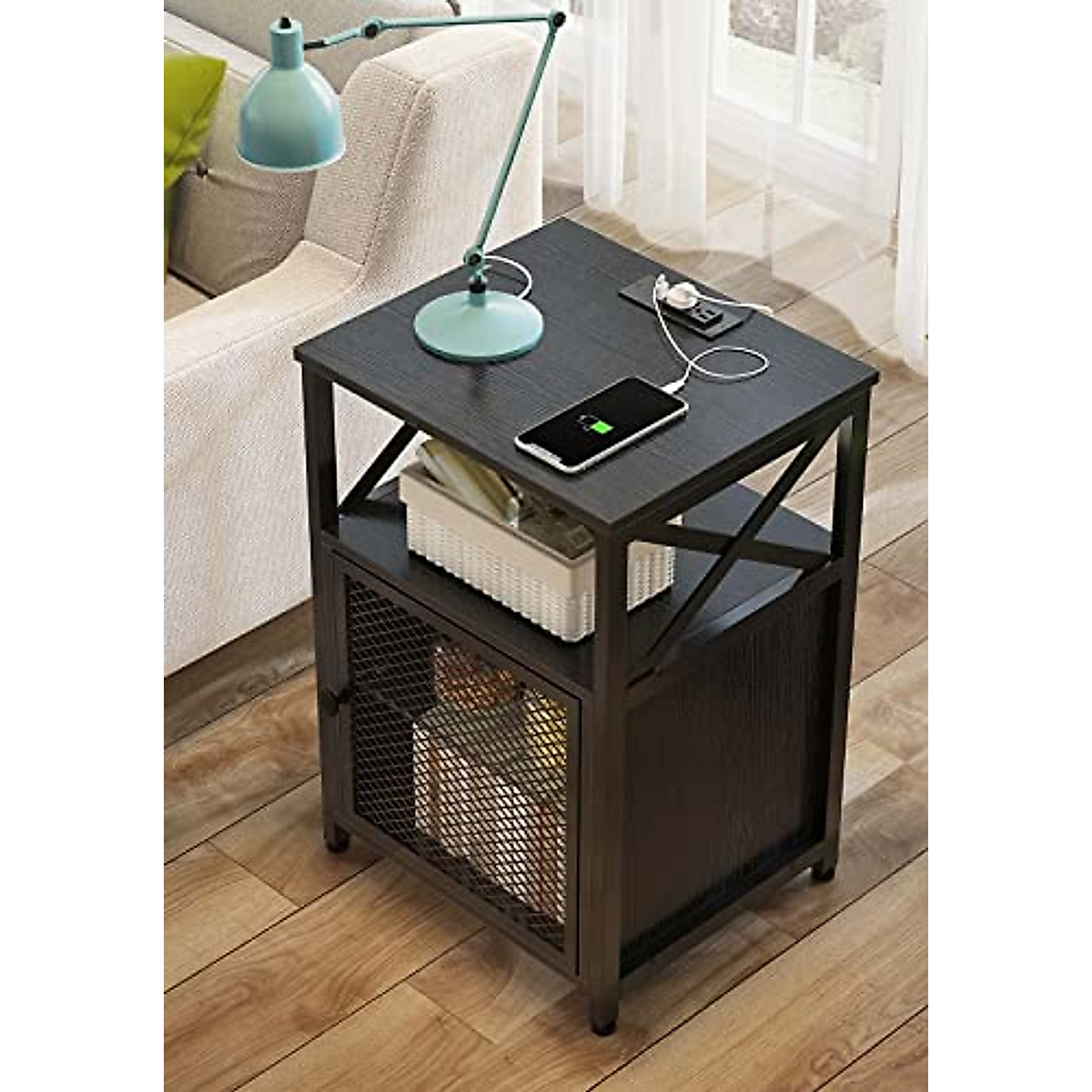 Rolanstar Nightstand with Charging Station, End Table with LED Lights & Power Outlets, Side Table with Storage Shelf, Sofa Table with Glass Shelf Mesh Door for Bedroom, Black