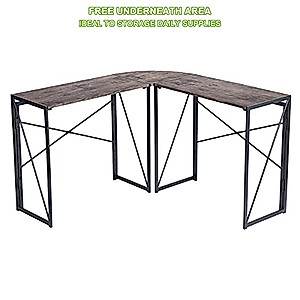 Geniqua 3-Piece L-Shaped Wooden Computer Folding Table Corner Desk Space-Saving Industrial Style PC Laptop Desk for Workstation Home Office