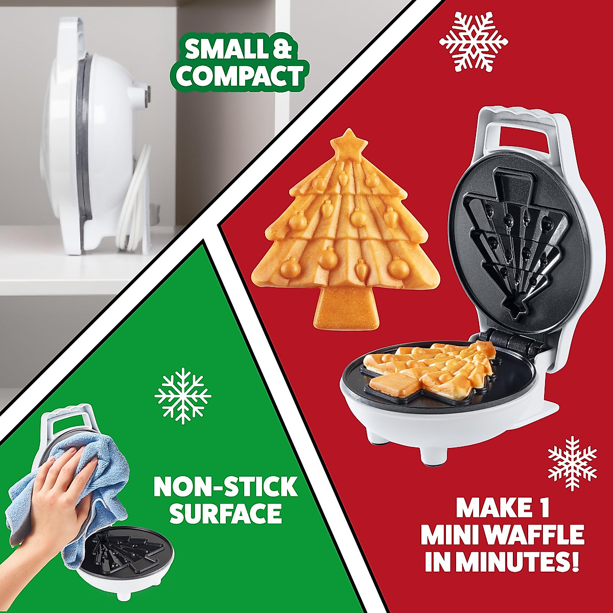 Christmas Tree Mini Waffle Maker - Make this Holiday Special for Kids with Cute 4 Inch Waffler Iron, Electric Non Stick Breakfast Appliance for Xmas Season, Fun Gift or Cute Dessert, Treat for Parties