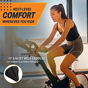 Bikeroo Bike Seat Cushion - Padded Gel Wide Adjustable Cover for Men & Womens Comfort, Compatible with Peloton, Stationary Exercise or Cruiser Bicycle Seats, 11in X 10in (Black)