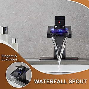 ZORIOU LED Bathroom Sink Faucets, Oil Rubbed Bronze Waterfall 3 LED Light Single Handle Stainless Steel Bathroom Faucet with Pop Up Drain