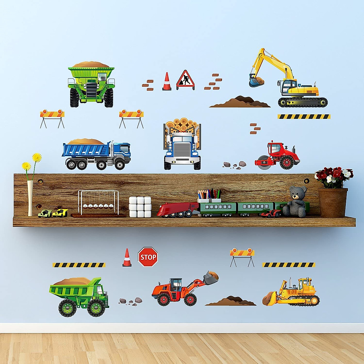 BASHOM BS-103 Large Construction Vehicles Wall Decals Excavator Tractor Truck Stickers for Kids Boys Baby Bedroom Nursery Playroom Living Room Art Decor