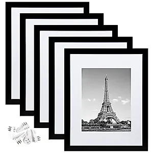upsimples 11x14 Picture Frame Set of 5, Display Pictures 8x10 with Mat or 11x14 Without Mat, Wall Gallery Photo Frames, Black