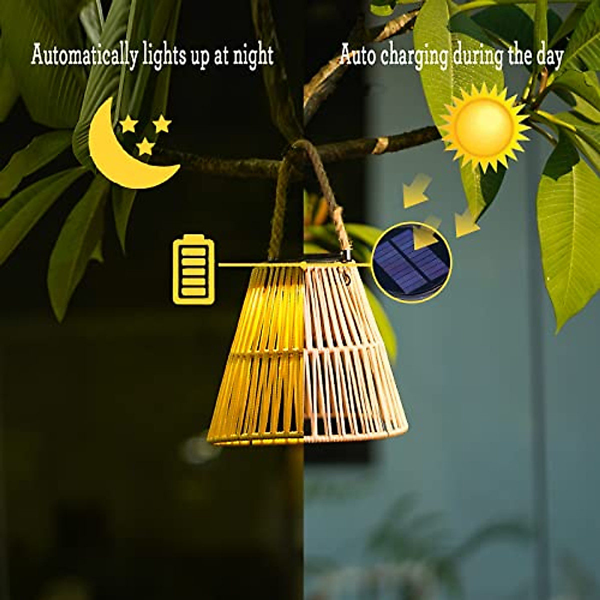 Outdoor Solar Hanging Lantern, 2 Pack Solar Lights Waterproof Table Light with Woven Rope Handle Rechargeable Decorative for Patio Backyard Garden Tree, Natural