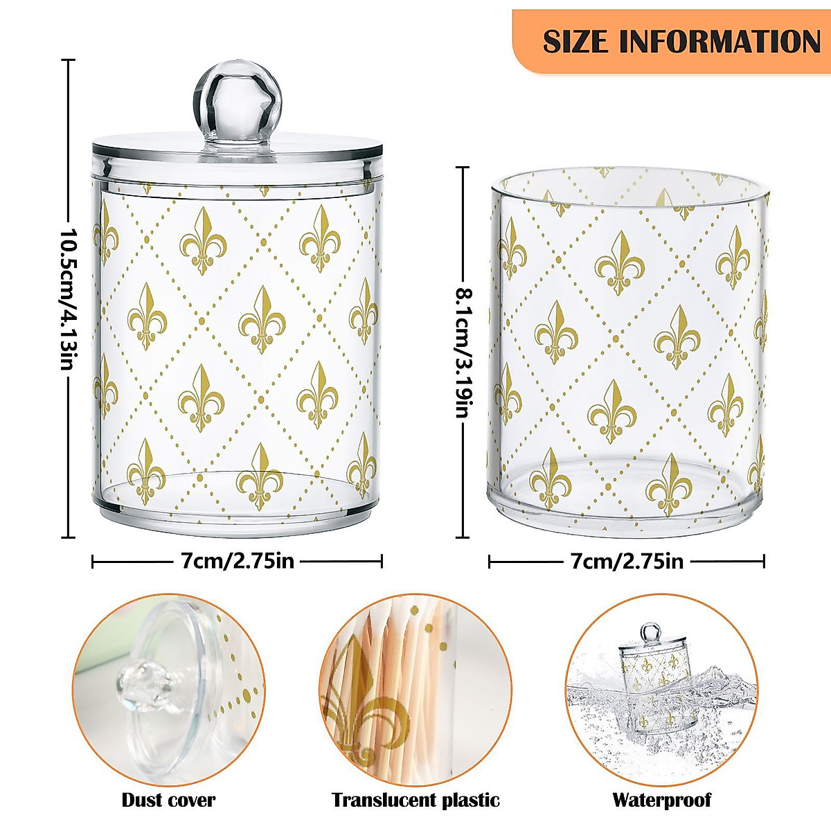 susiyo 4 Pack Golden Fleur De Lis Plastic Apothecary Jar Containers Qtip Holder Dispenser Bathroom Vanity Storage Organizer Canister for Cotton Balls, Swabs, Makeup Sponges, Bath Salts, Hair Clips