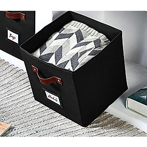 DECOMOMO Storage Cubes with Label Holders Collapsible Storage Bins for Shelves with Faux Leather Handles 11 Inch Cube Storage Bin for Organizers Shelves Closet Toys Clothes (11" / 6pcs, Black)