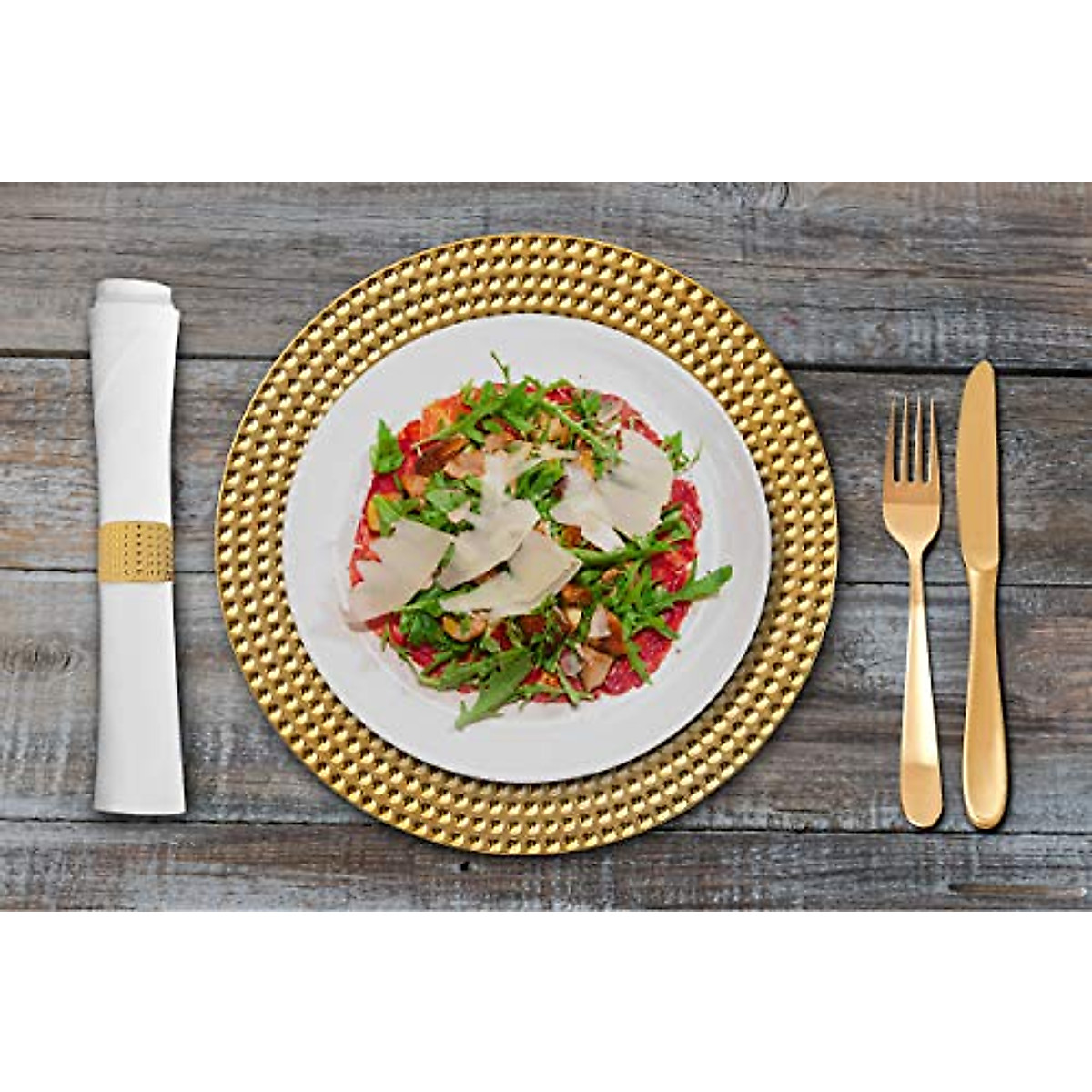 Home Collectives 13 Inch Round Elegant Serve ware Charger Plates with Matching Napkin Rings, Wedding, Dinner party, Event - Choose from our Variety of Styles and Quanties (6, Hammered Gold)