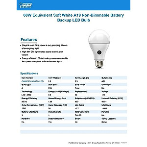 Feit Electric LED Built-in Battery Backup Intellibulb - A21 with an E26 Medium Base Light Bulb - 60W Equivalent - 15 Year Life - 800 Lumen - 2700K Soft White