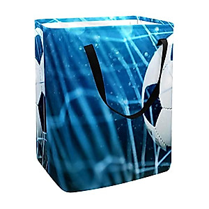 Soccer Ball in Goal Print Collapsible Laundry Hamper, 60L Waterproof Laundry Baskets Washing Bin Clothes Toys Storage for Dorm Bathroom Bedroom