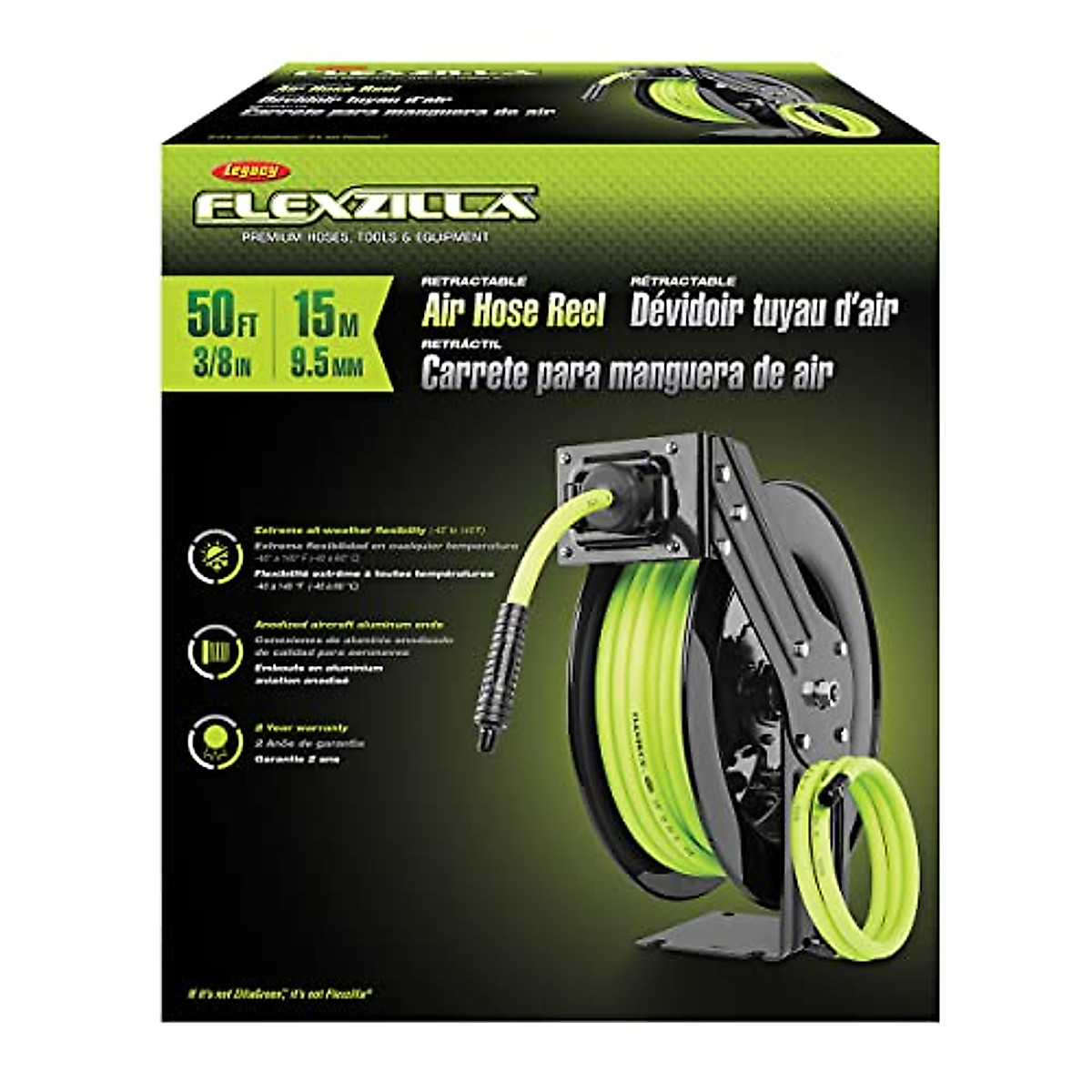 Flexzilla Open Face Retractable Air Hose Reel, 3/8 in. x 50 ft., Heavy Duty, Lightweight, Hybrid, ZillaGreen - L8611FZ