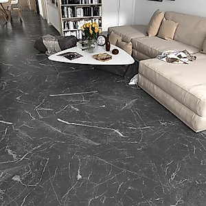 WESTICK Grey Black Marble Peel and Stick Floor Tile Vinyl Flooring Peel and Stick Bathroom Floor Tiles Waterproof Non-Slip Flooring Tile Sticker for Kitchen Bedroom RV 5 PCS 12" x 12"