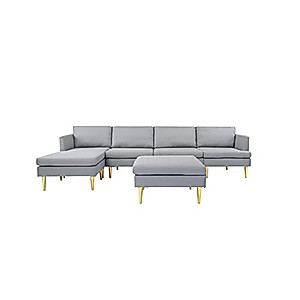 KoiHome Convertible Sectional Handrail, 6-Seater Sleeper Sofa Couch with Metal Gold Conical Legs, Modern Home Furniture for Living, Bedroom,Office,Waiting Room, Polyester, Light Grey