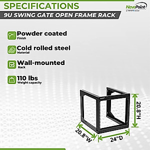 NavePoint 9U Server Rack with Swing Gate - 9U Wall Mount Rack for 19 Inch IT Equipment Open Frame Rack – Network Rack Wall Mount for AV & Server Equipment 24” Deep 9U Rack, Black